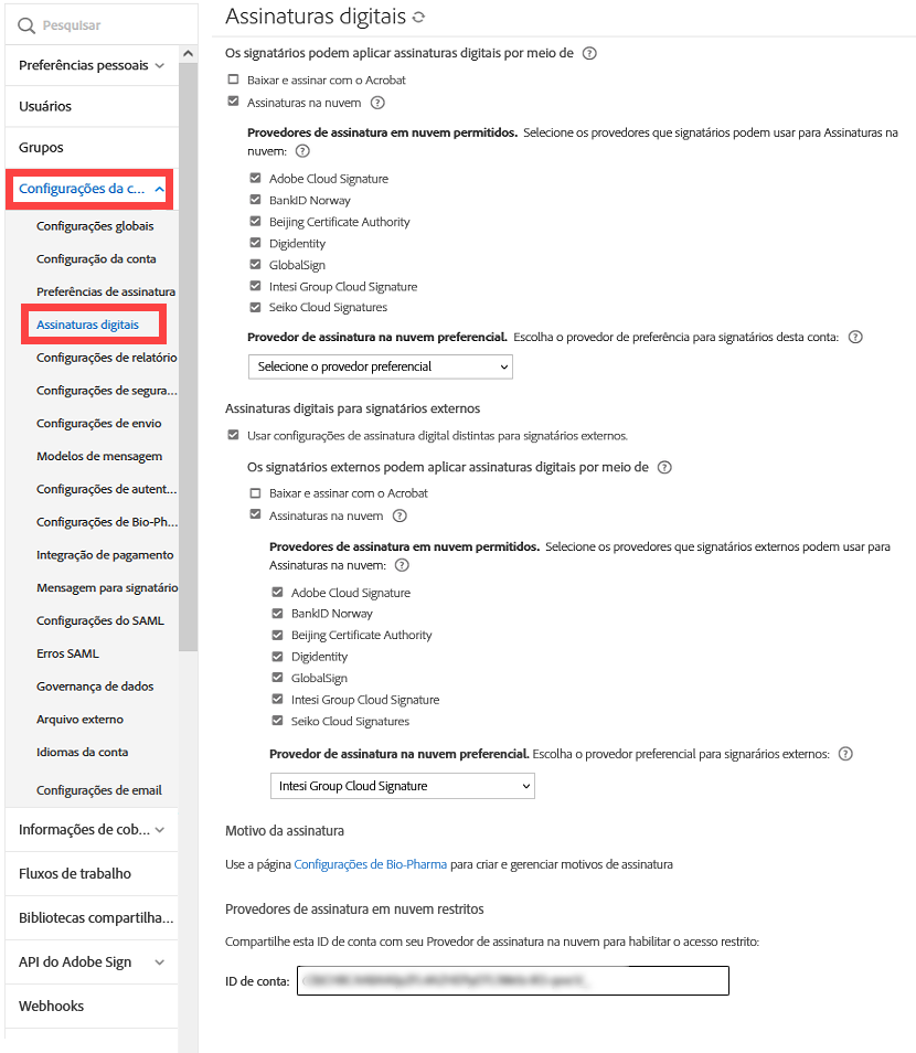 Configurar provedores de assinatura em nuvem